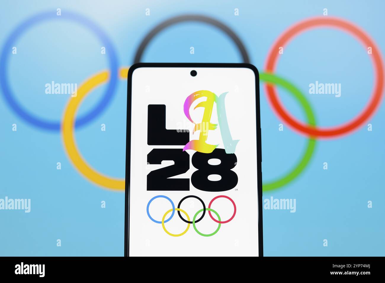 In this photo illustration, the 2028 Summer Olympics Games, Los Angeles 2028 (LA 28) logo is ...