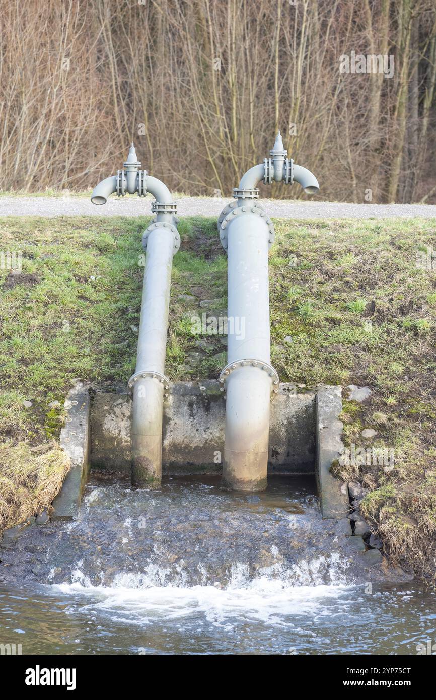 Pumping station on a river with dike Stock Photo - Alamy