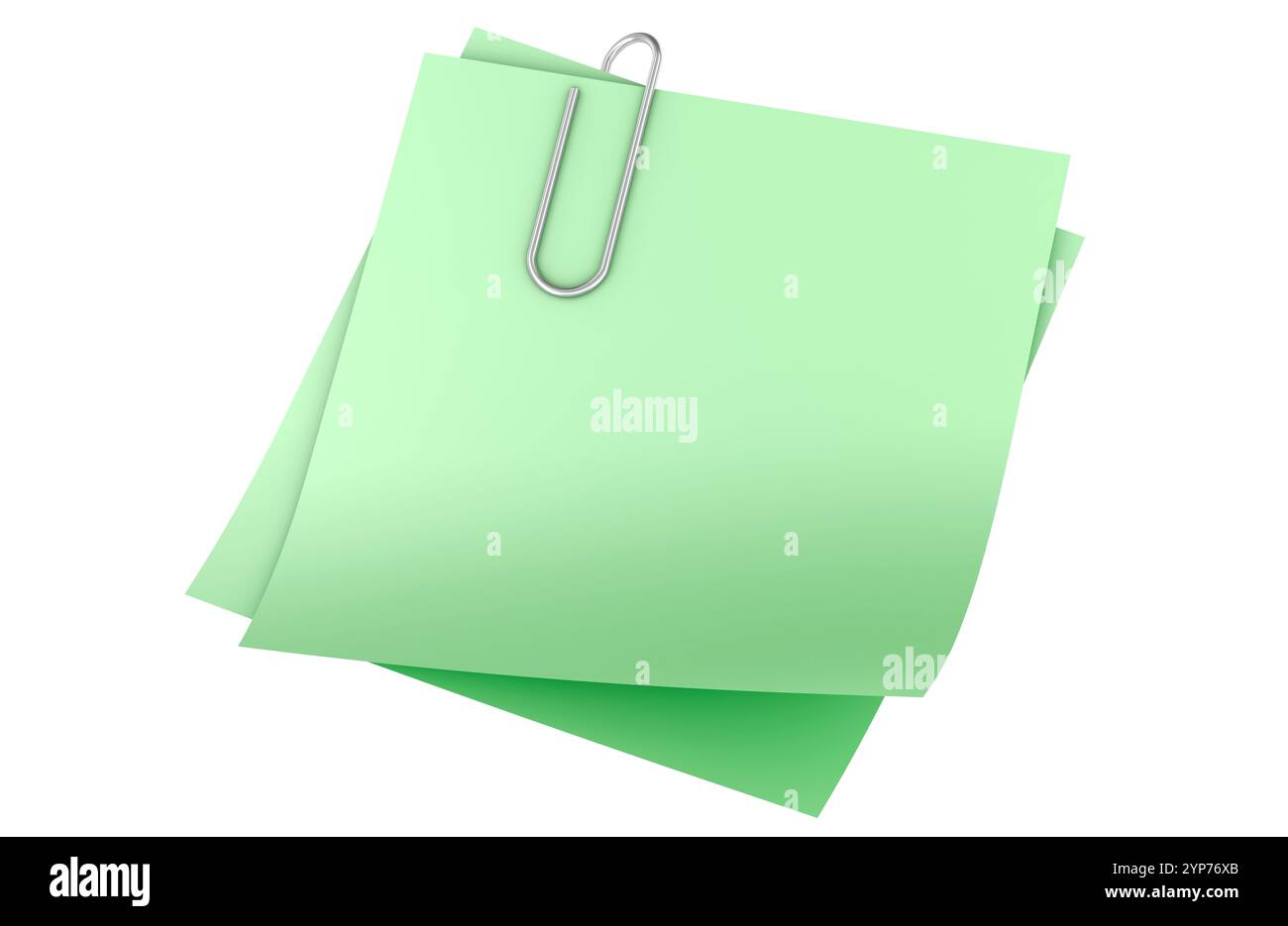 Blank green notes paper with paper clip, 3D rendering isolated on white ...