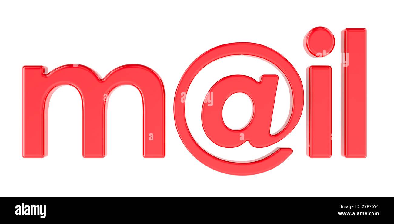 Mail, red inscription with rea at sign. Front view, 3D rendering ...