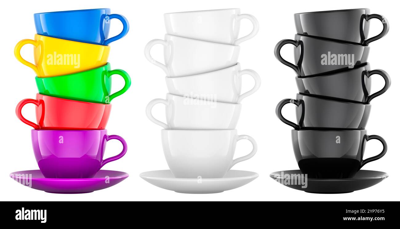 Stack of colorful cups with saucers, white cups and black. 3D rendering ...