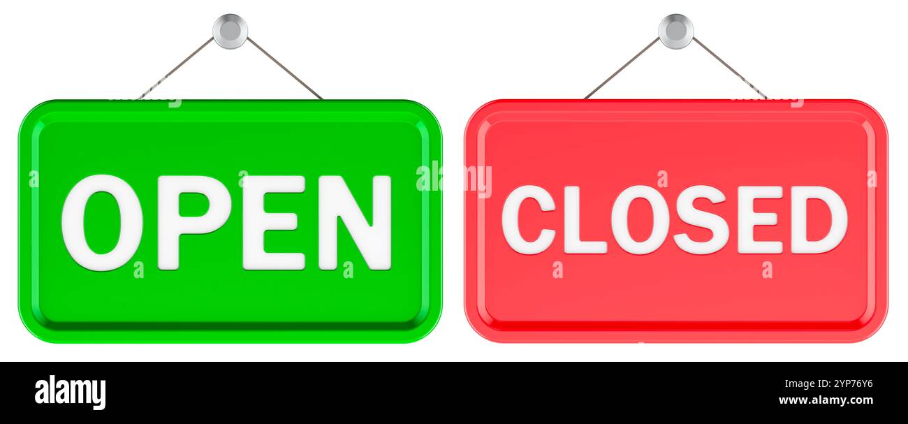 Green Open Hanging Sign and Red Closed Hanging Sign, 3D rendering ...