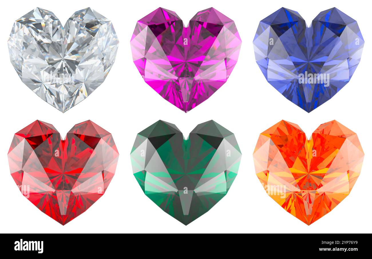Colored gems in the shape of heart. 3D rendering isolated on white ...