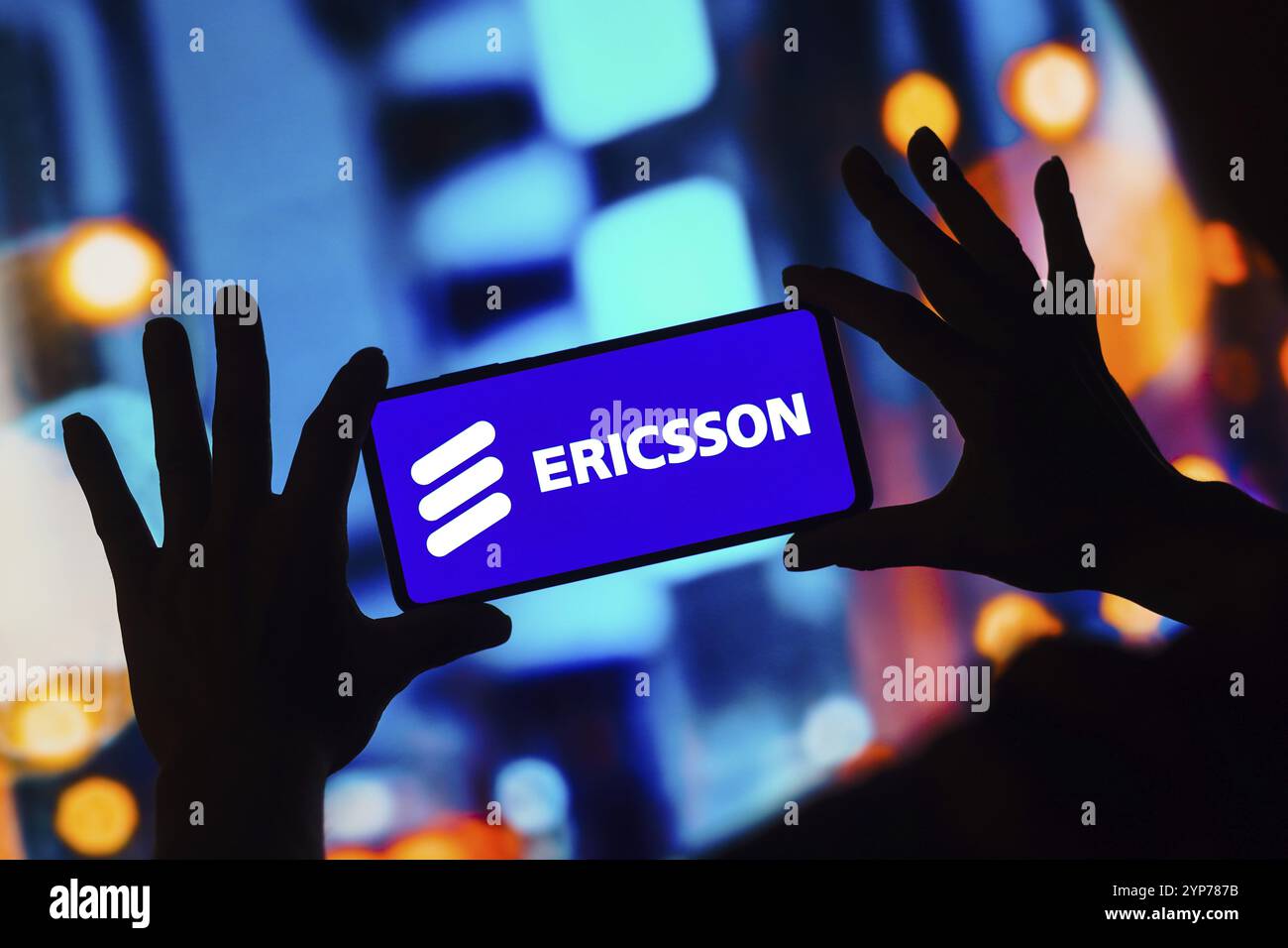 In this photo illustration, the Telefonaktiebolaget LM Ericsson logo is displayed on a ...