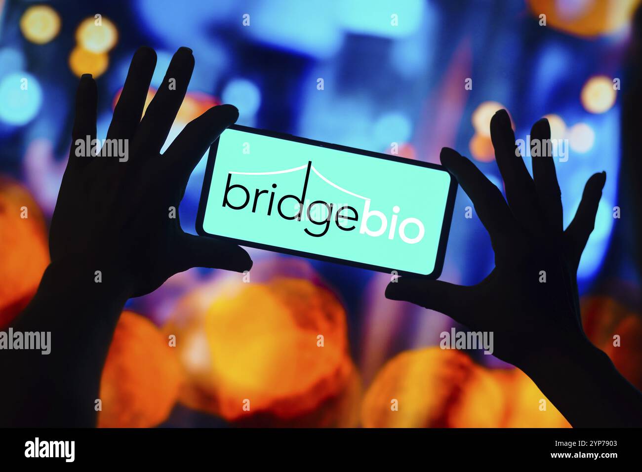 In this photo illustration, the BridgeBio Pharma logo is displayed on a ...