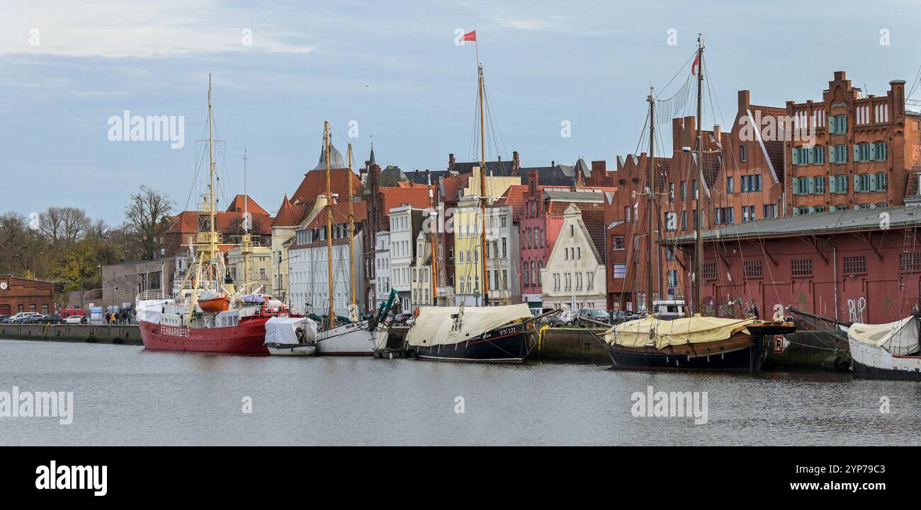 Sailing ships in the museum harbor on the river Trave in the historic ...