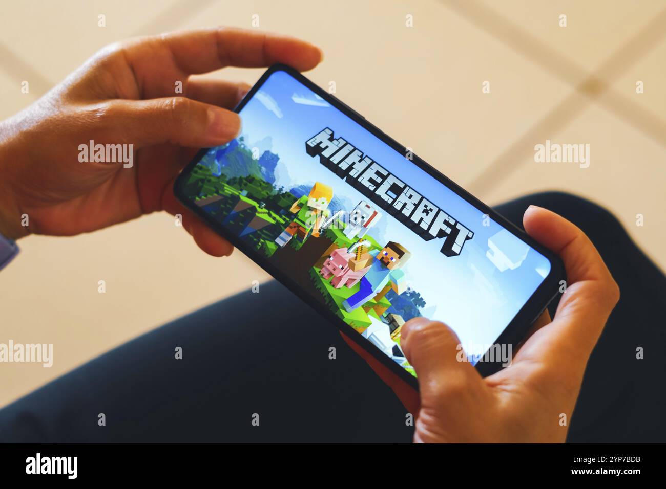 In this photo illustration, the Minecraft logo is displayed on a ...