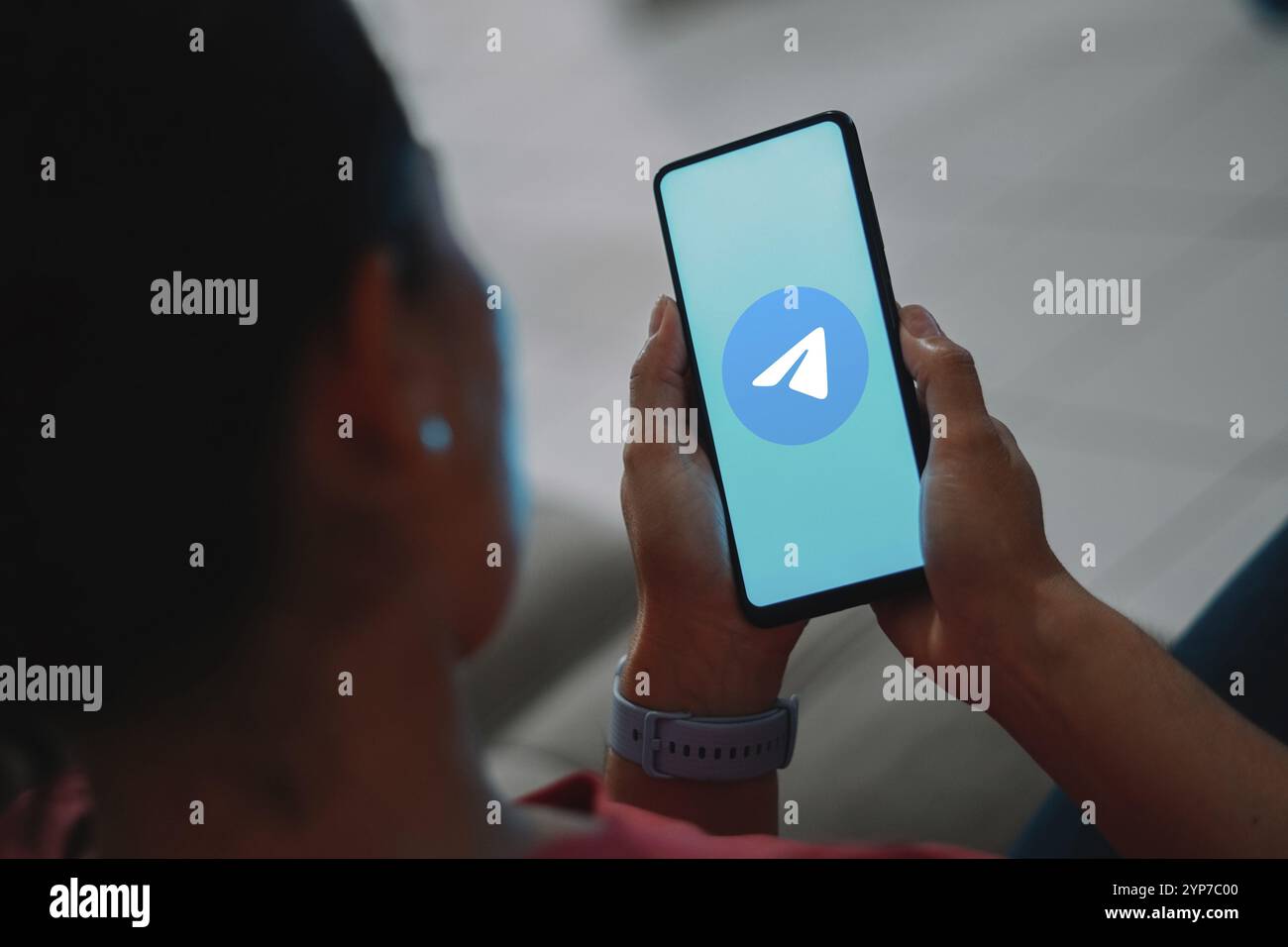 In this photo illustration, the Telegram logo is displayed on a ...