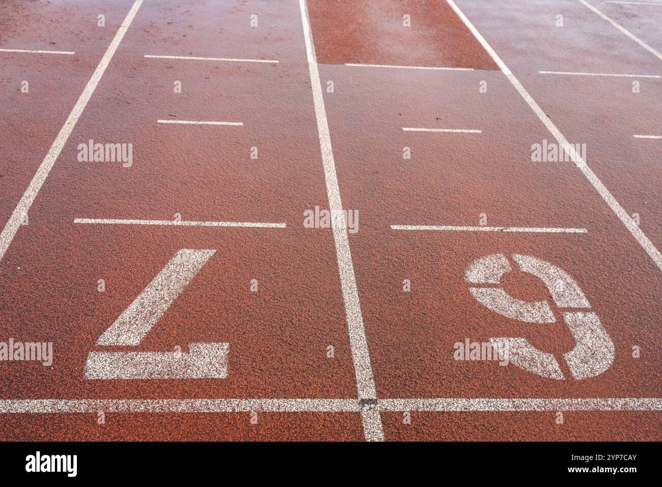 Numbered lanes on a red athletics track with white markings Stock Photo ...