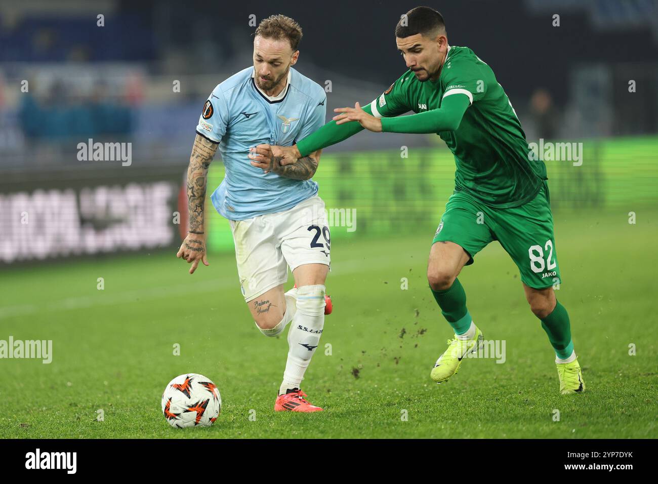 Rome, Italy 28.11.2024: Manuel Lazzari of Lazio, Ivan Yordanov of Ludogorets during the Uefa ...