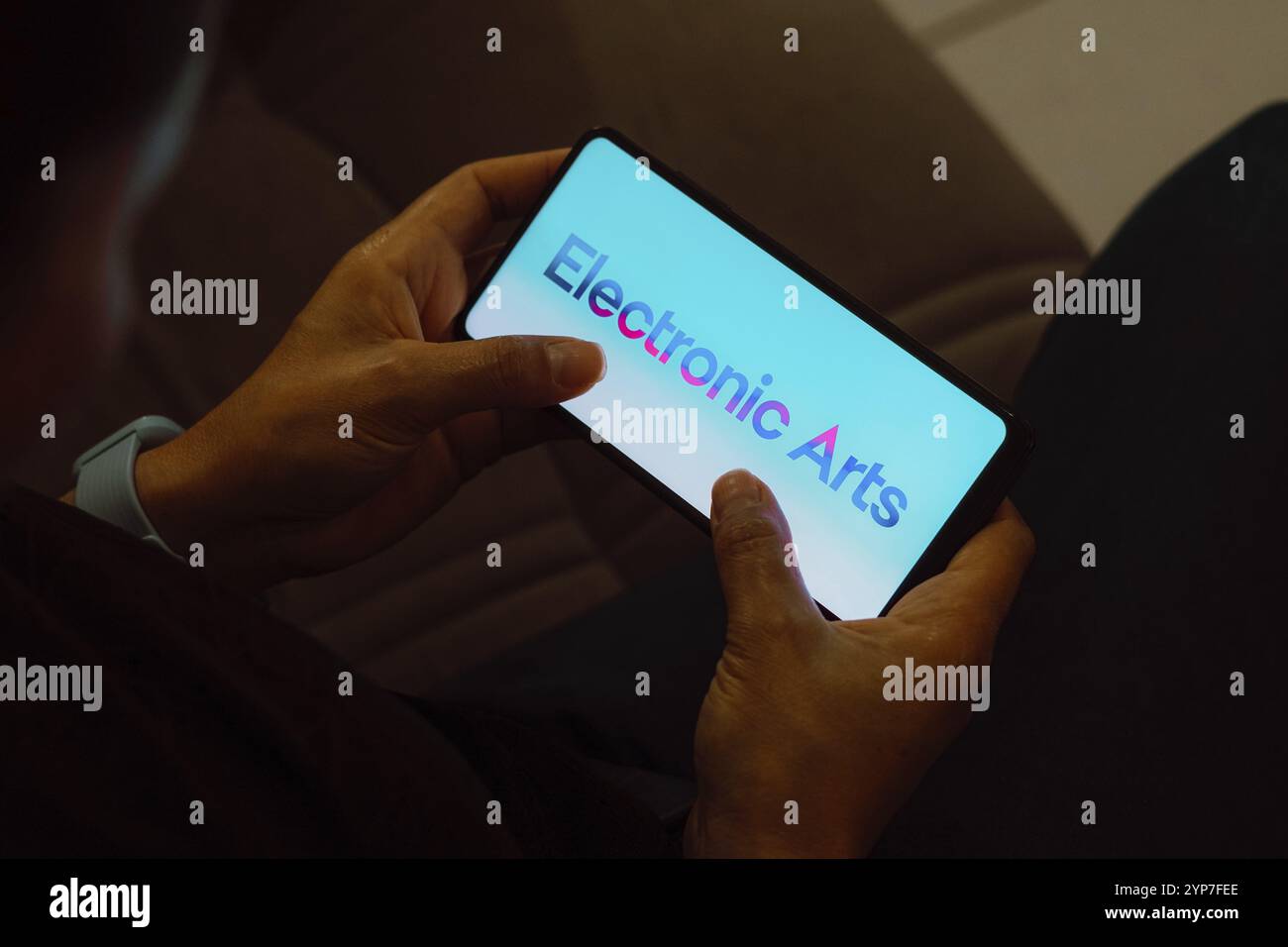 In this photo illustration, the Electronic Arts logo is displayed on a ...