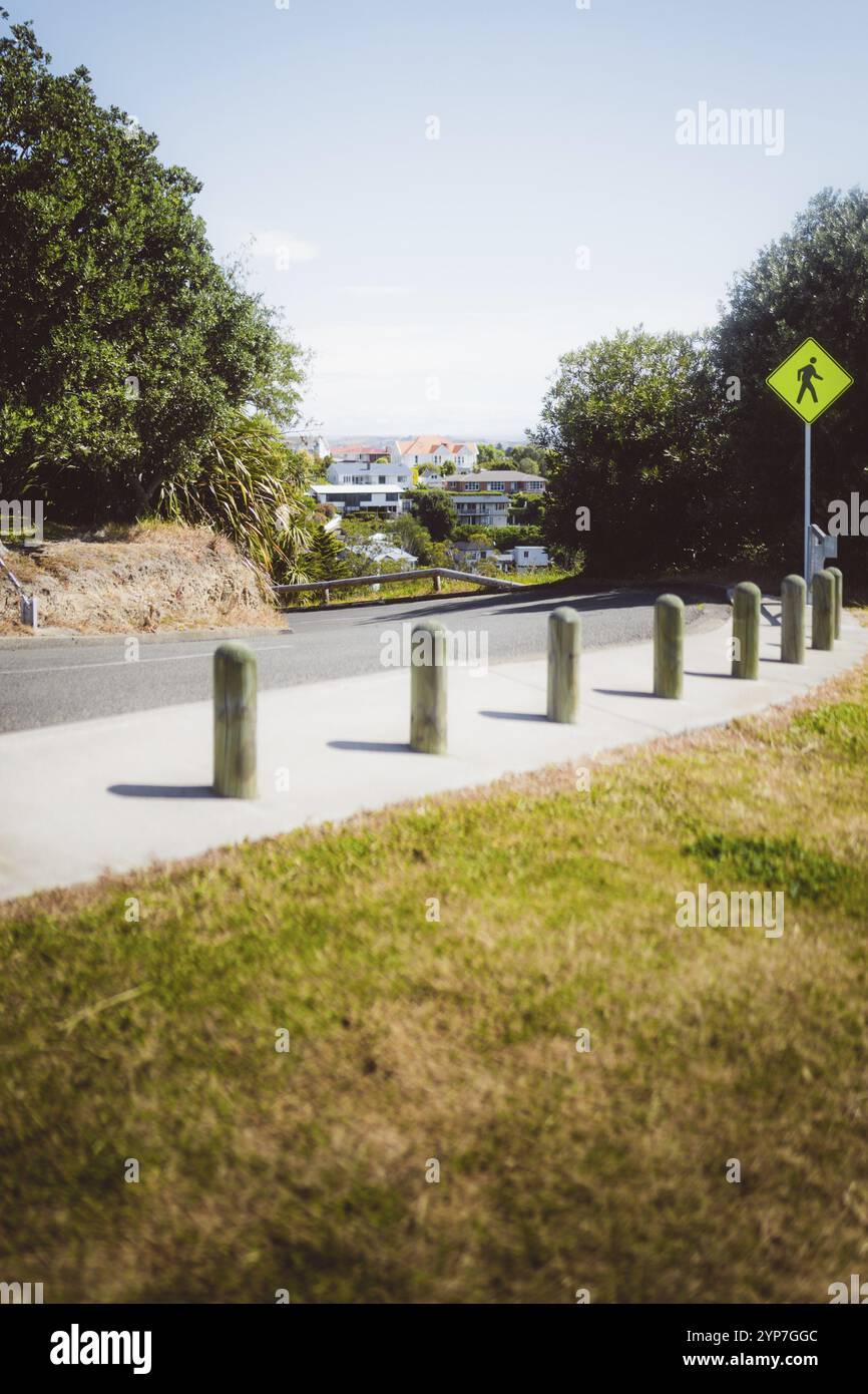 A quiet street with pavement and warning sign in green surroundings ...