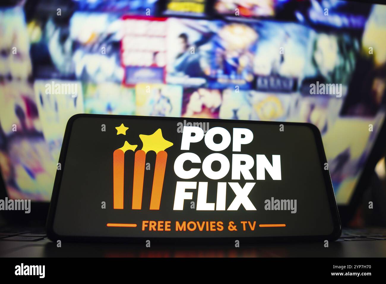 In this photo illustration, the PopcornFlix logo is displayed on a ...