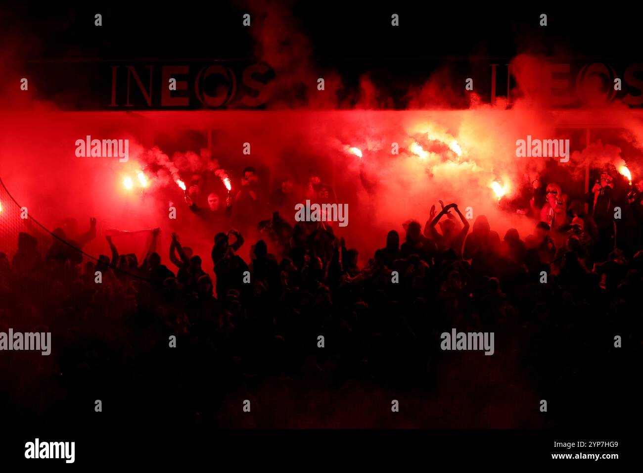 Nice, France, 28th November 2024. OGC Nice fans light flares prior to kick off in the UEFA ...