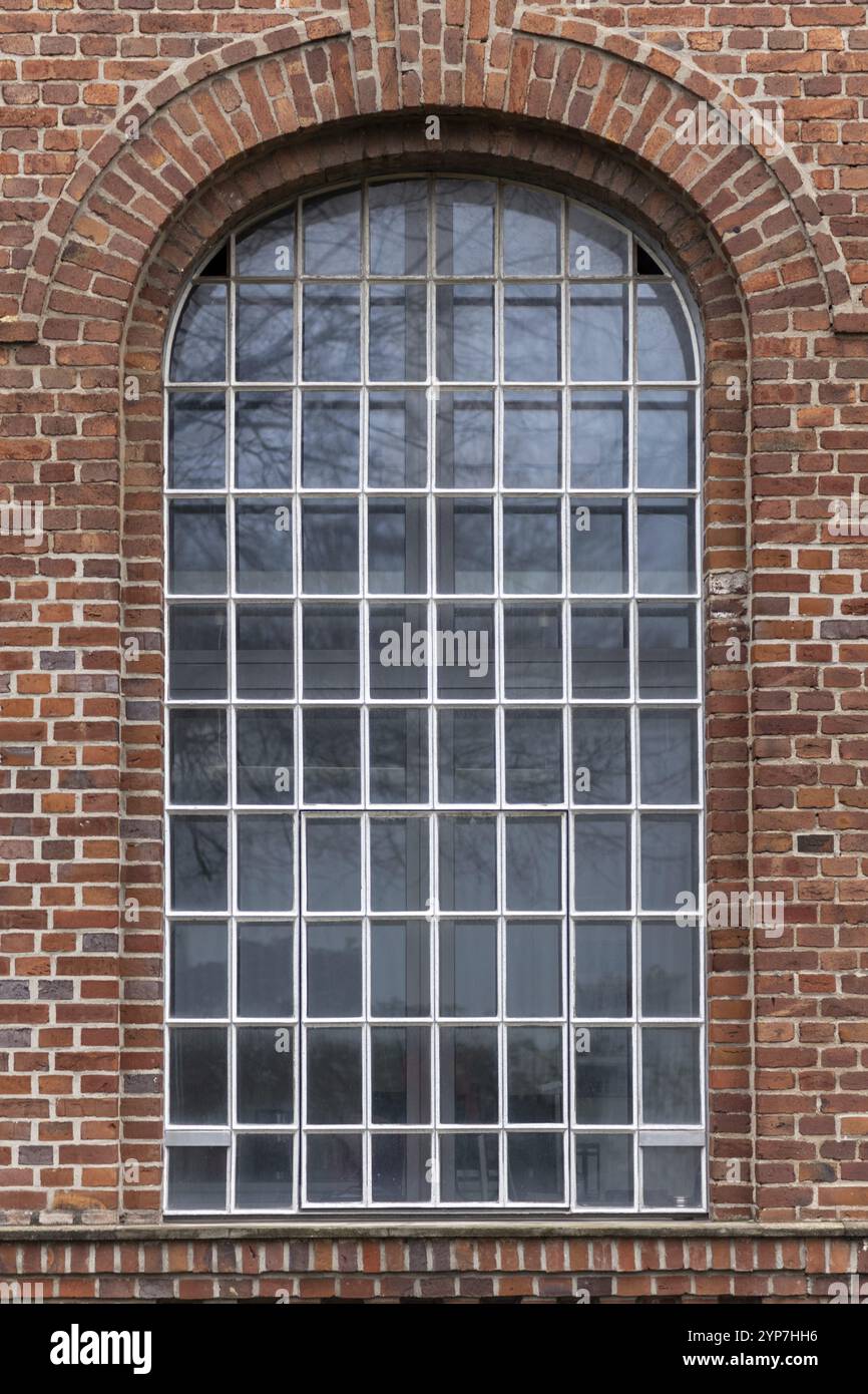 Detailed close-up of an arched window set in a brick wall, displaying ...