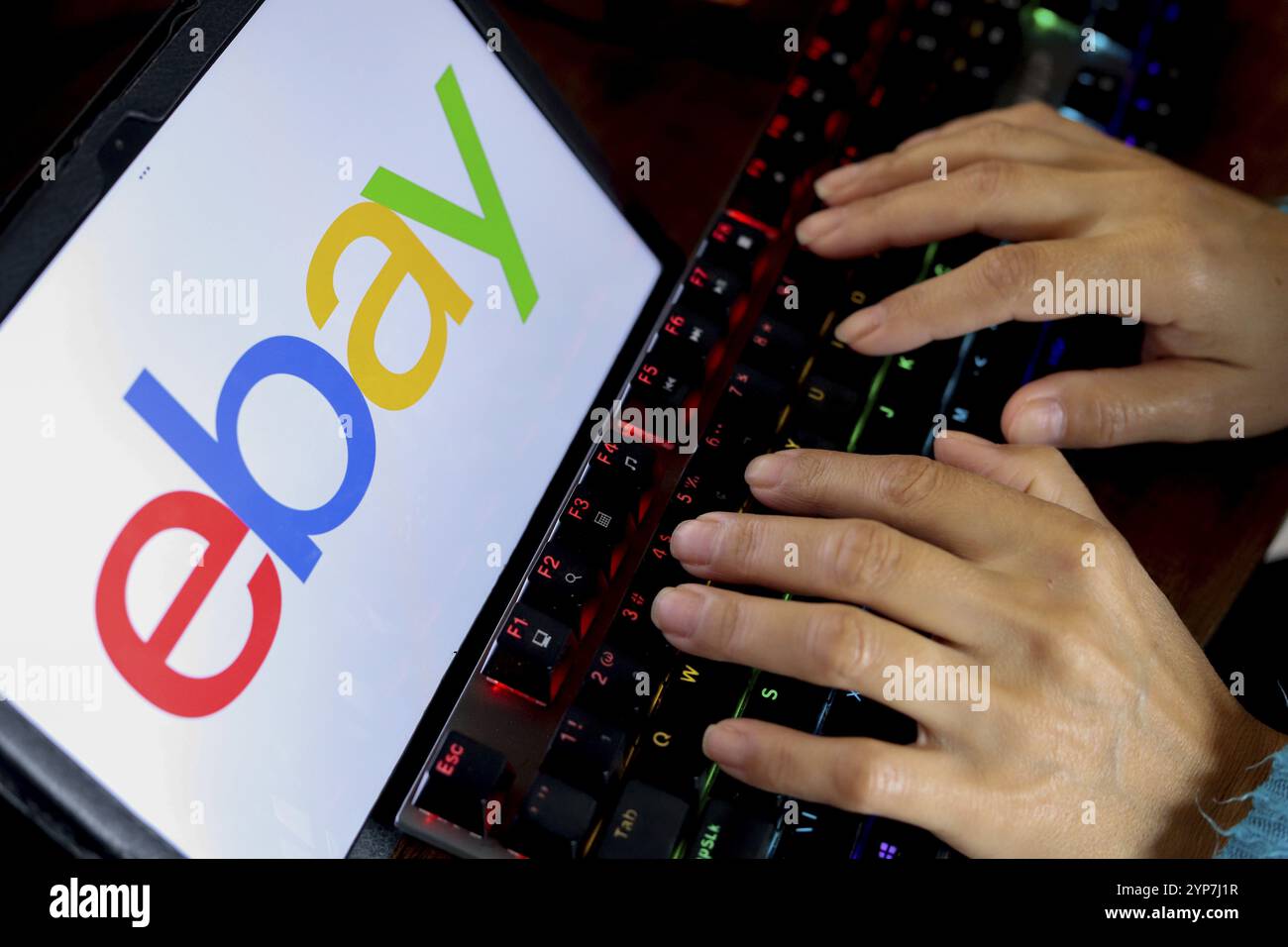 In this photo illustration, a person typing and next to the eBay logo ...