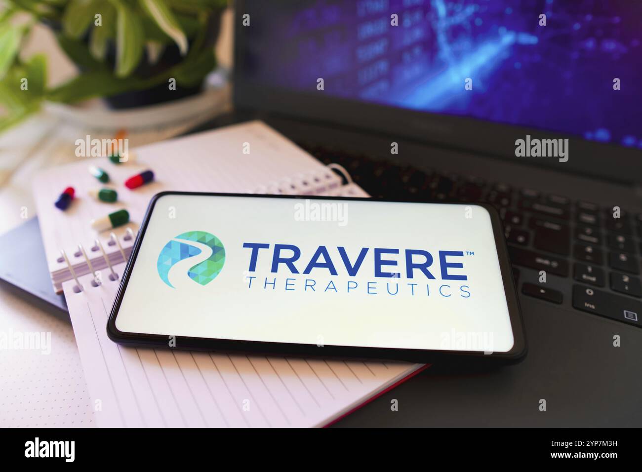 In this photo illustration, the Travere Therapeutics logo is displayed ...