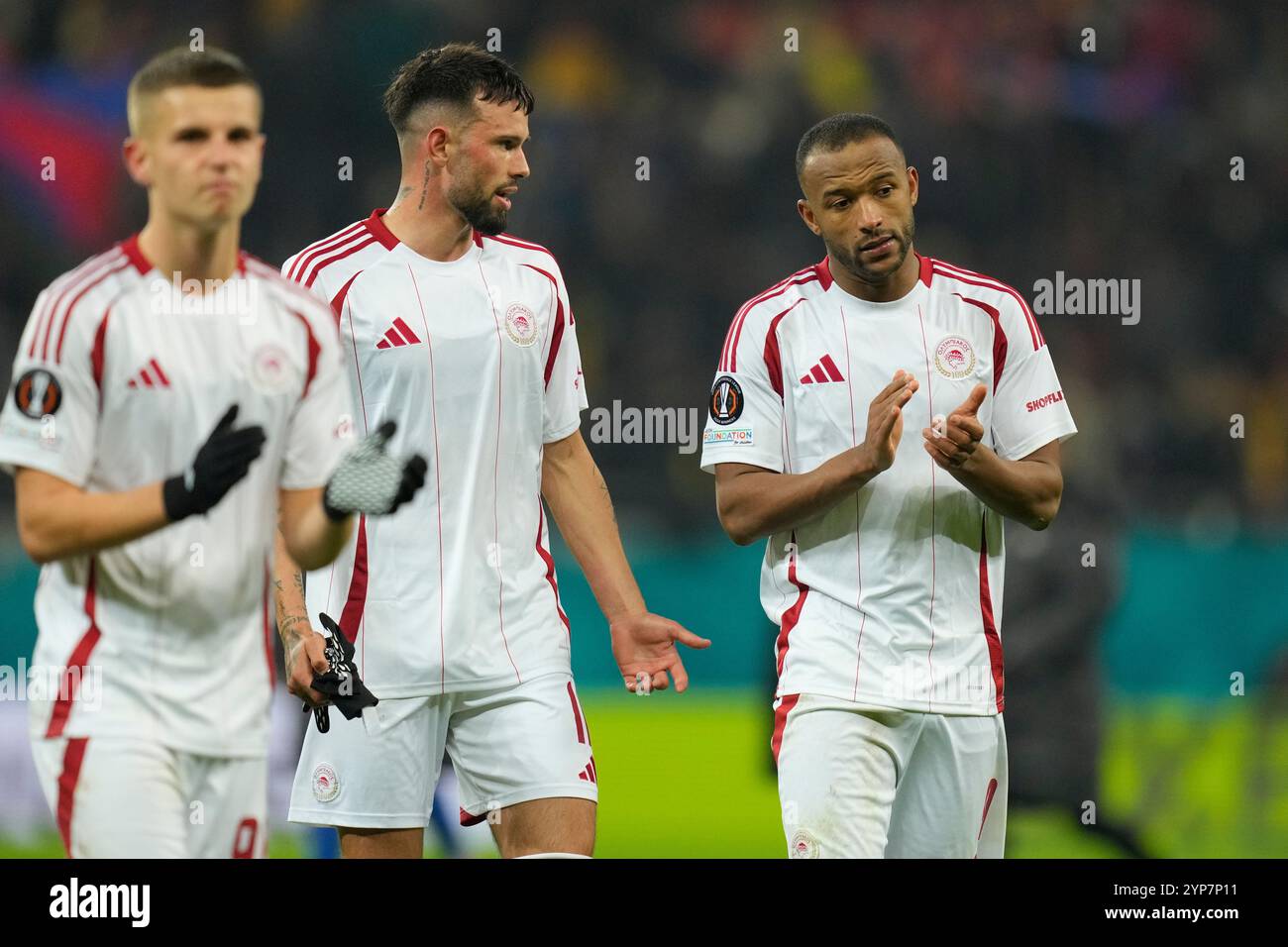 Olympiacos' Ayoub El Kaabi applauds fans at the end of the Europa ...