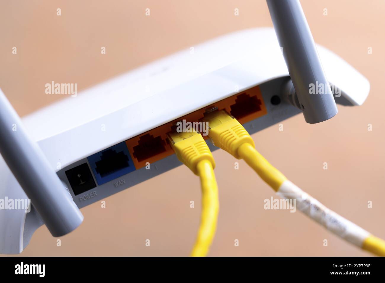 In this photo illustration, two yellow internet network cables ...
