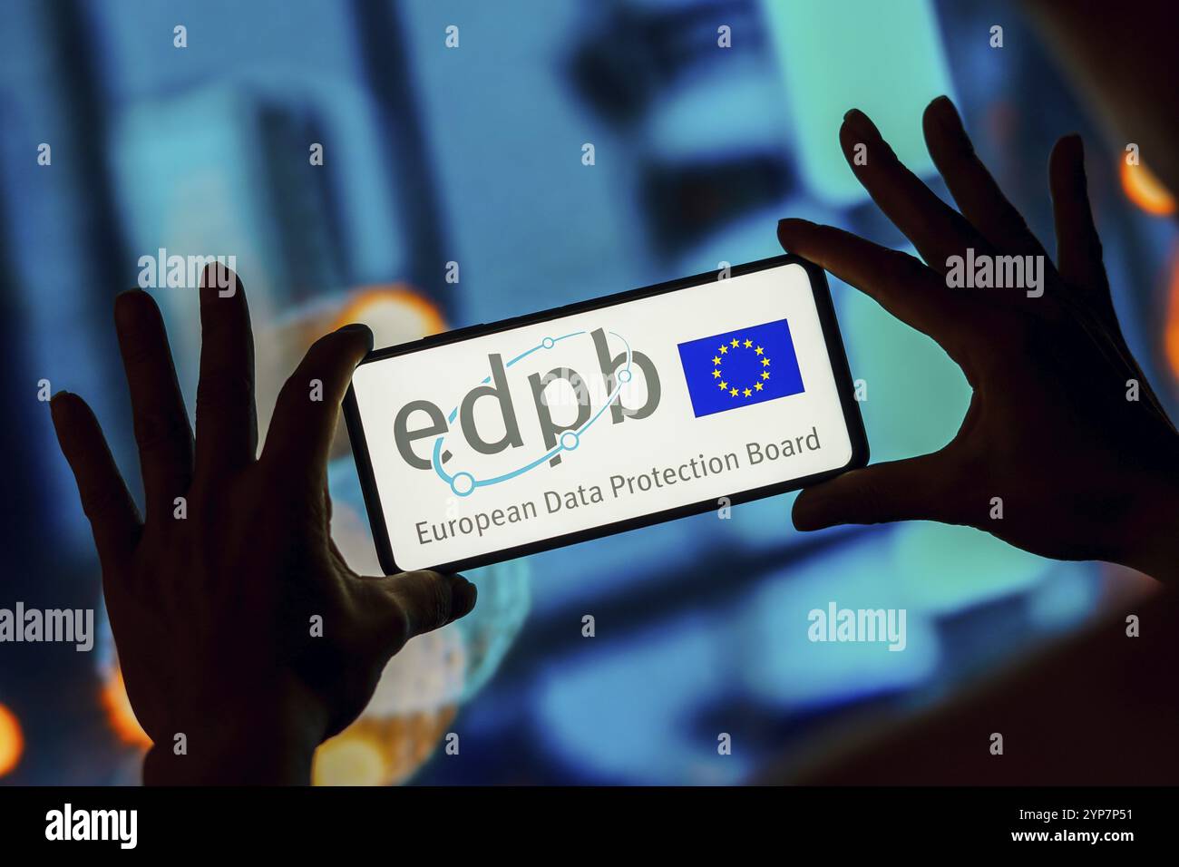 In this photo illustration, the European Data Protection Board (EDPB) logo is displayed on a ...