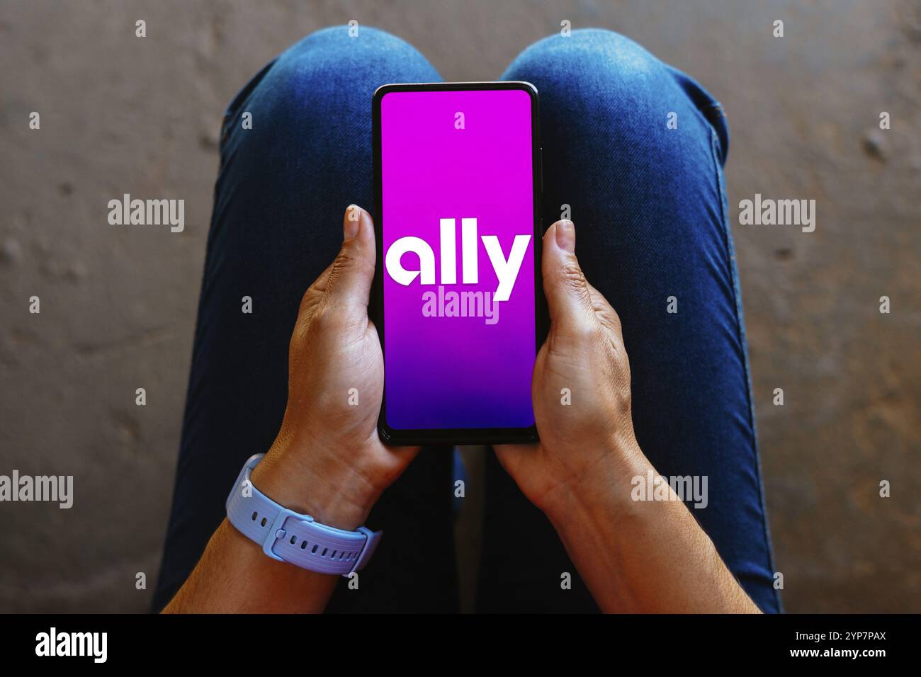 In this photo illustration, the Ally Bank logo is displayed on a smartphone mobile screen Stock ...