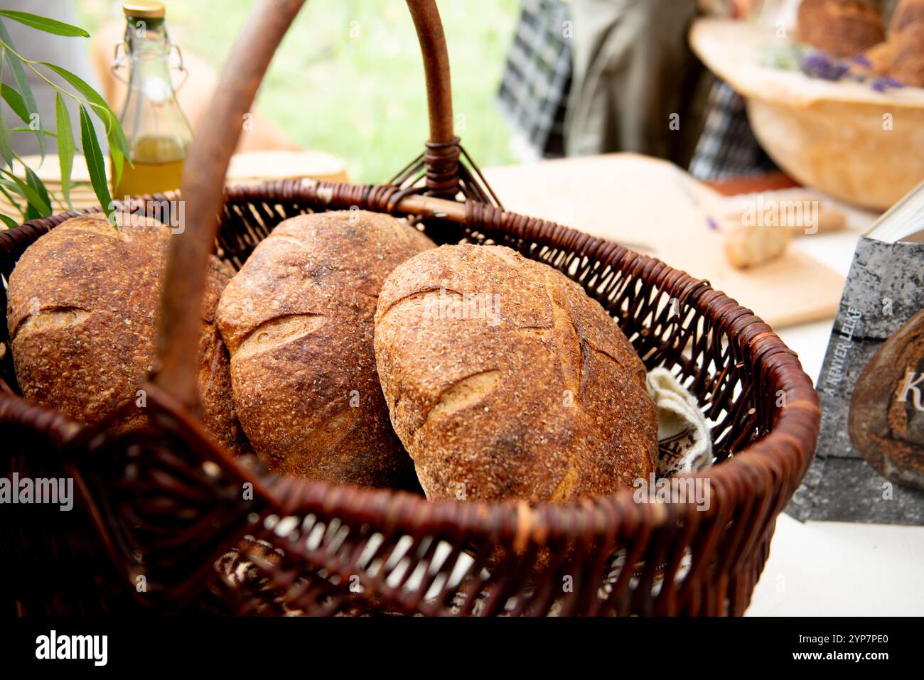 three sourdough whole grain loaf of bread in the basket Stock Photo - Alamy