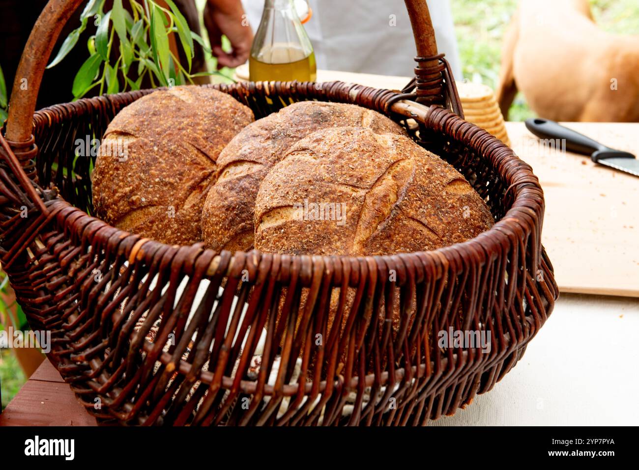 three sourdough whole grain loaf of bread in the basket Stock Photo - Alamy
