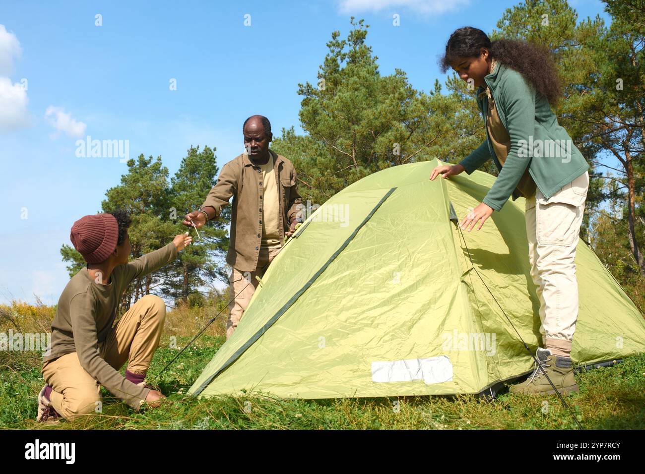 Low angle shot of African American boy sitting on grass and helping his ...