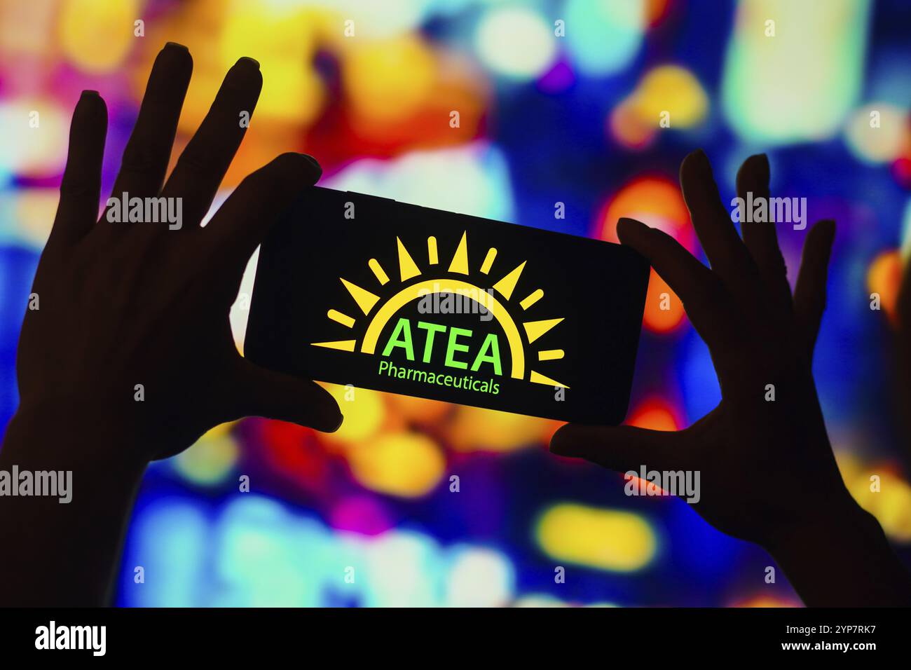 In this photo illustration, the Atea Pharmaceuticals logo is displayed ...