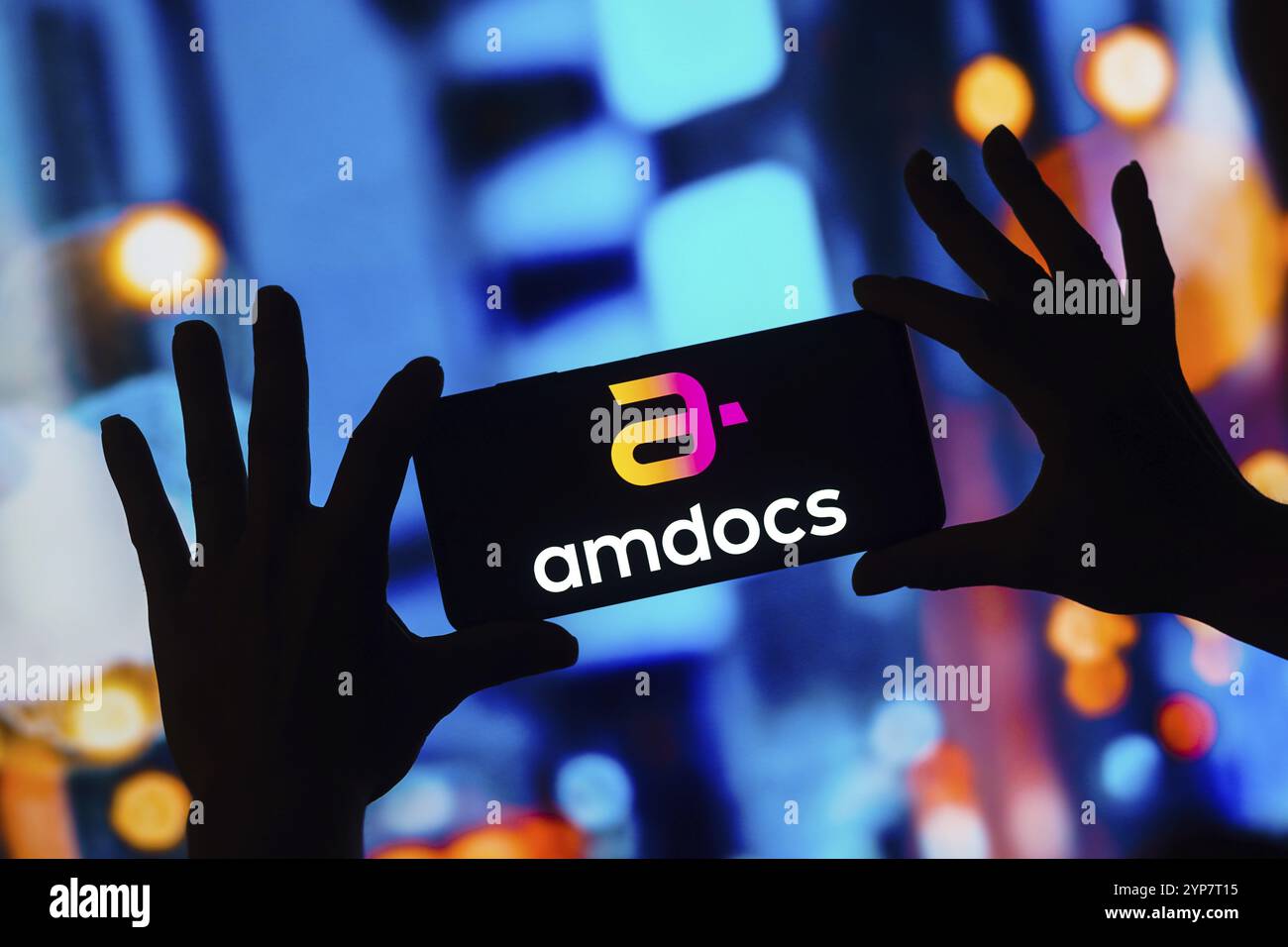 In this photo illustration, the Amdocs logo is displayed on a smartphone mobile screen Stock ...