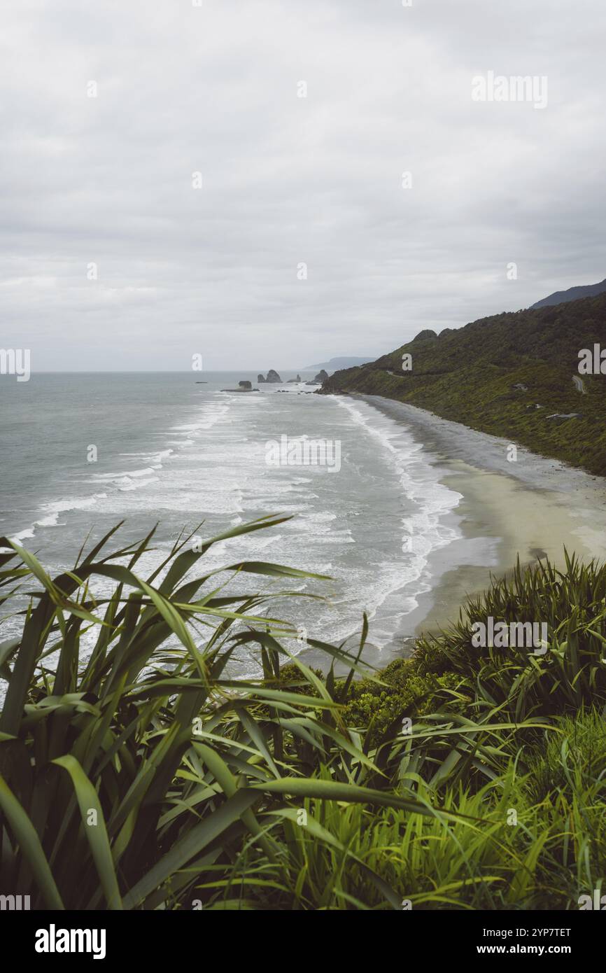 Tidal coast with green shore and undulating sea under a cloudy sky ...