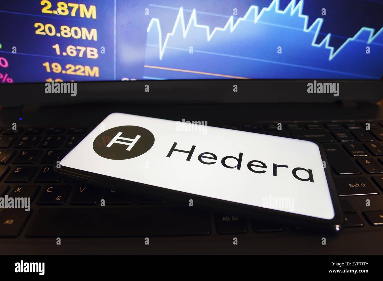 In this photo illustration, the Hedera (HBAR) logo is displayed on a ...