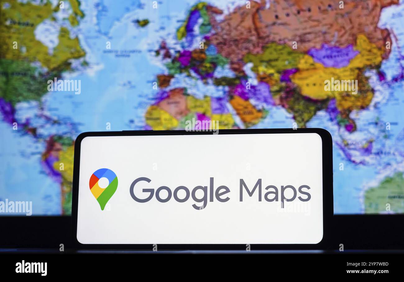 In this photo illustration the Google Maps logo seen displayed on a ...