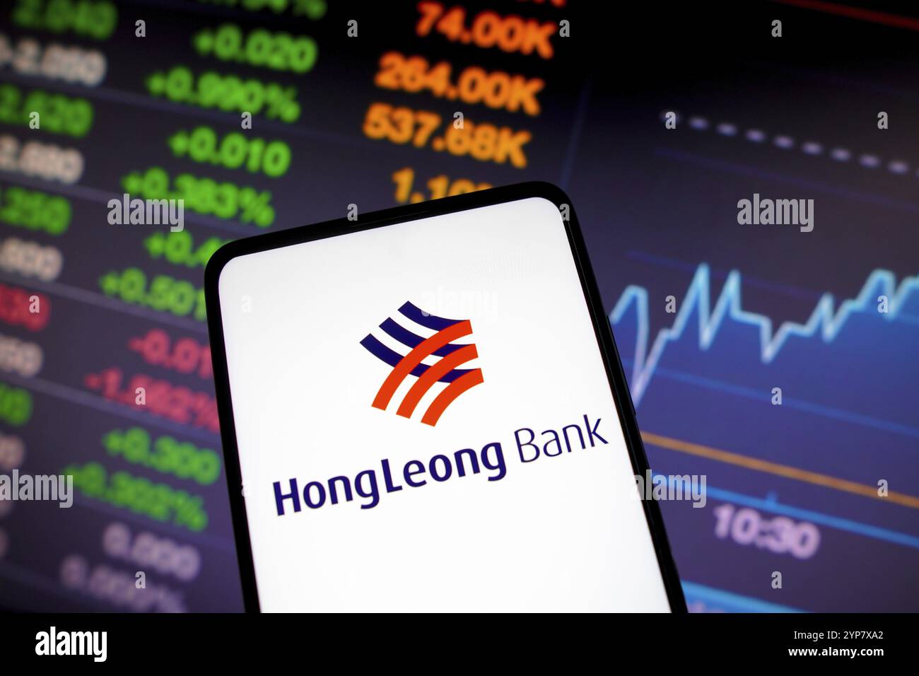In this photo illustration, the Hong Leong Bank Berhad logo is displayed on a smartphone screen ...