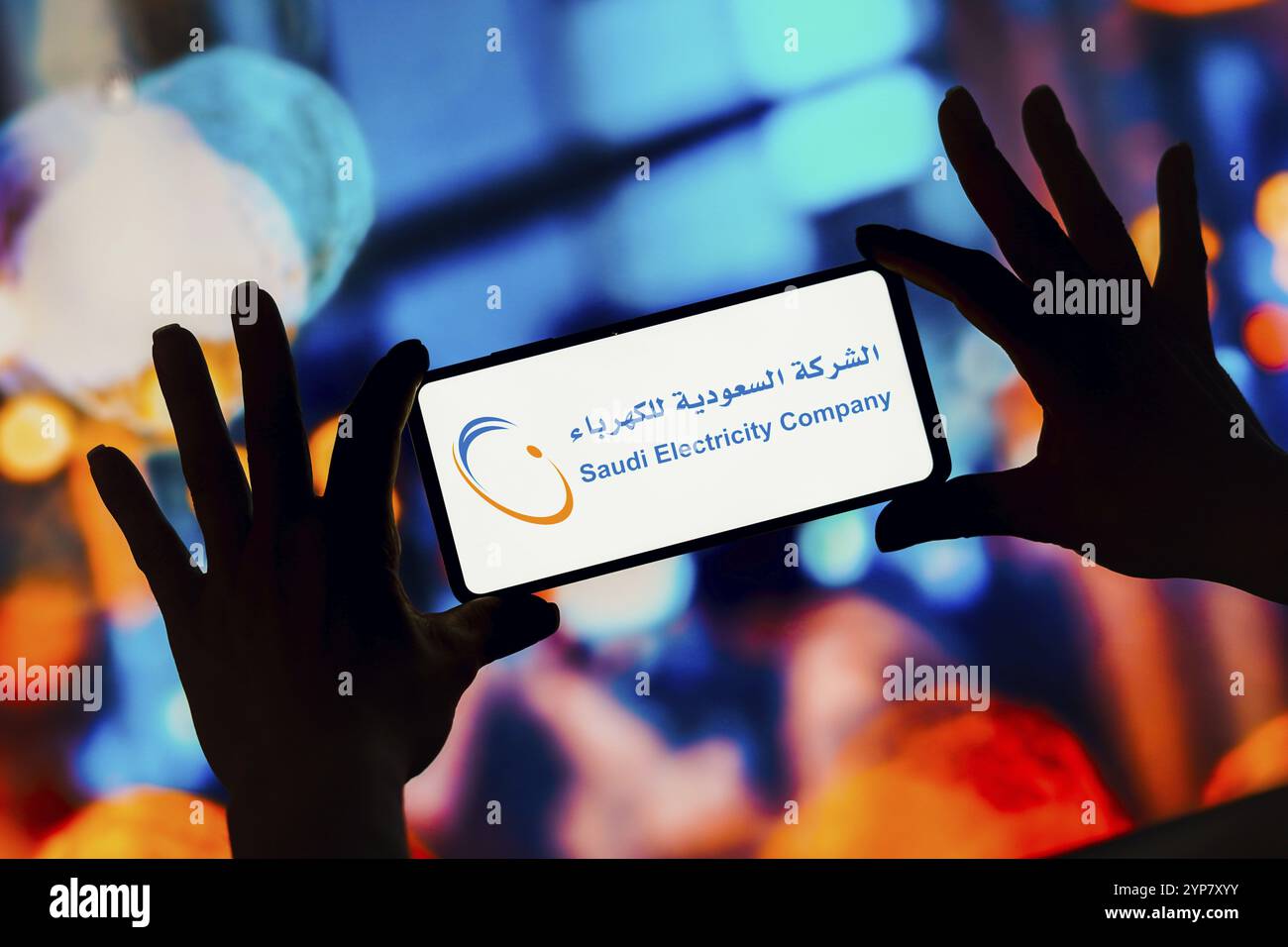 In this photo illustration, the Saudi Electricity Company logo is seen ...