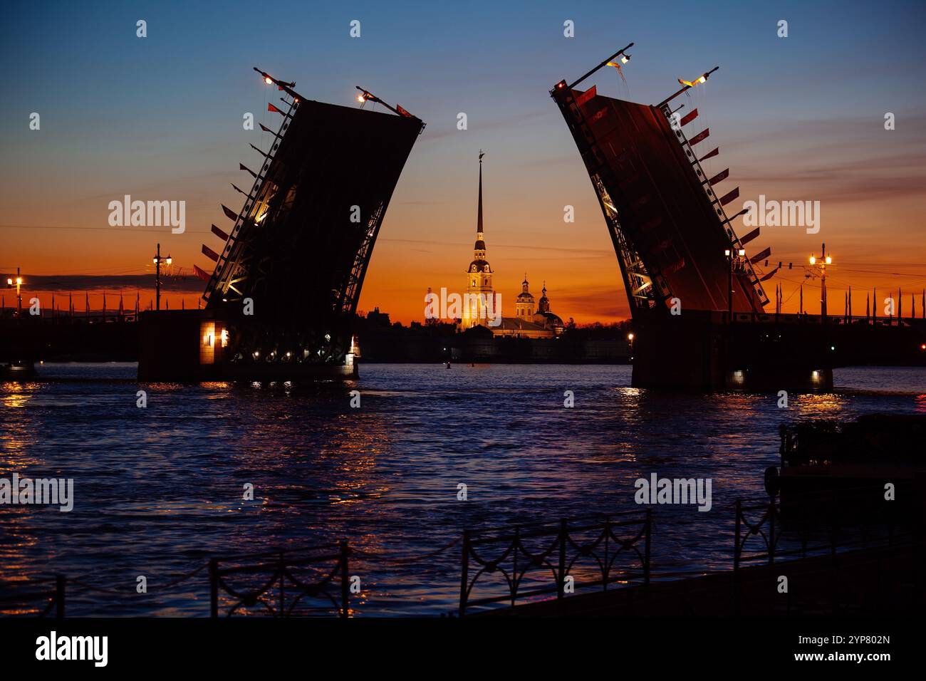 Lifting of Palace bridge in Saint Petersburg, view to Peter and Paul ...