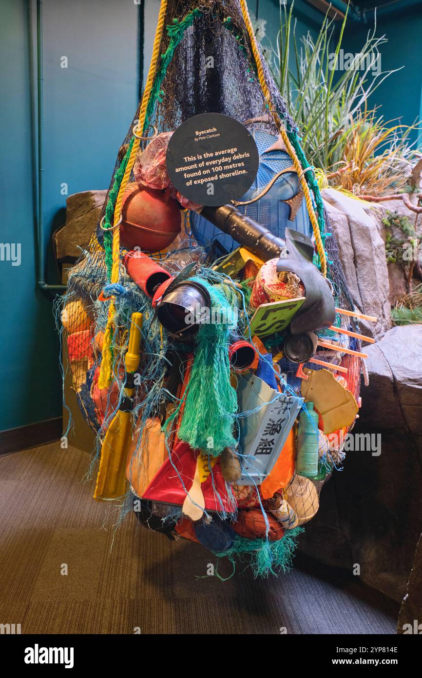 A display on plastic pollution in the ocean, water, a typical amount ...
