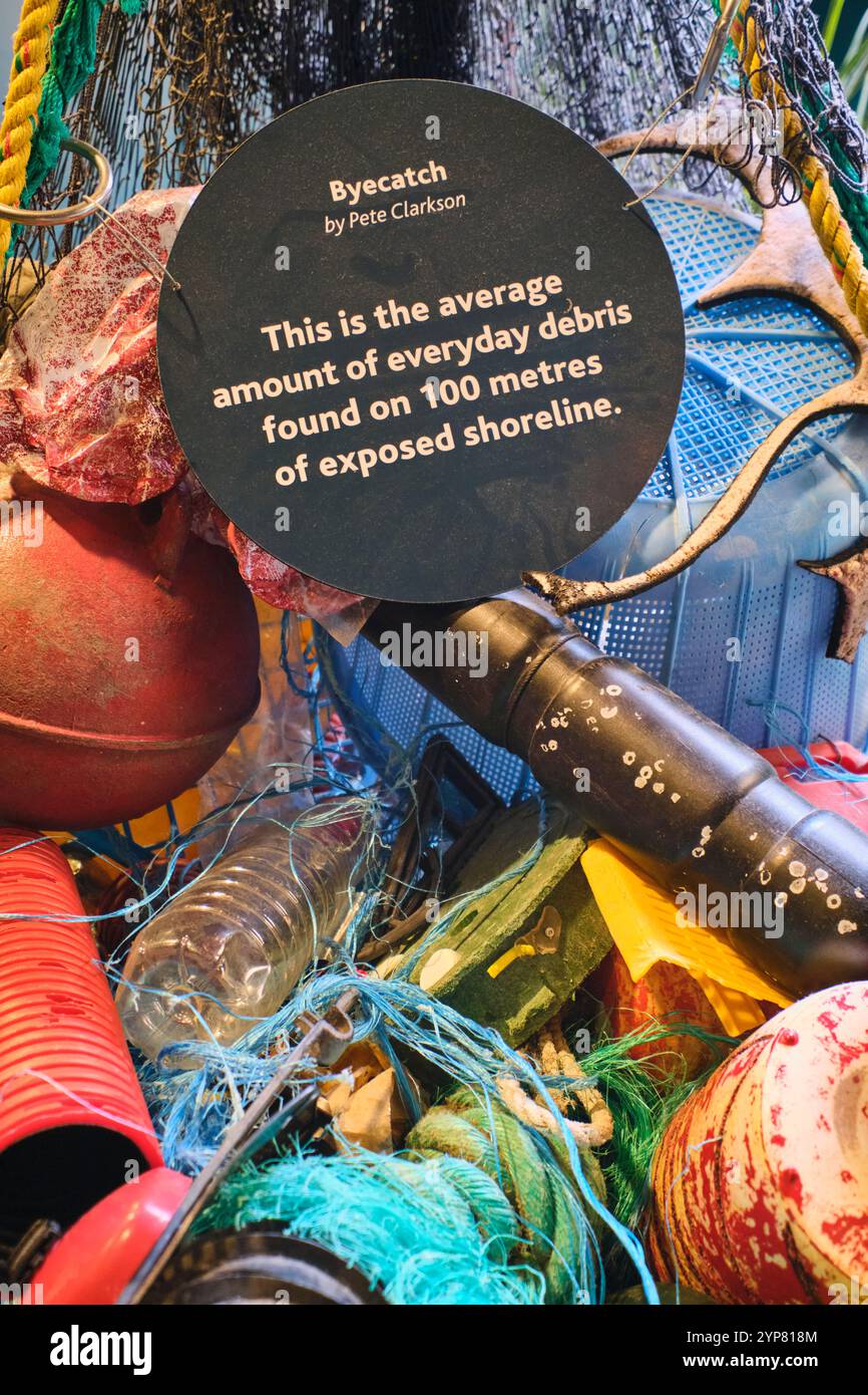 A display on plastic pollution in the ocean, water, a typical amount ...