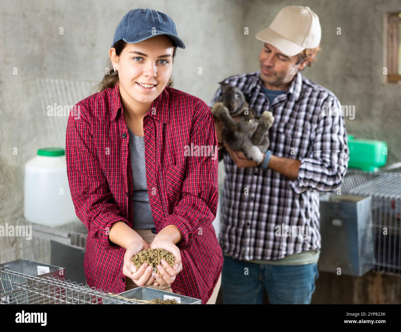 Married couple feeds and cares for rabbits on farm Stock Photo - Alamy