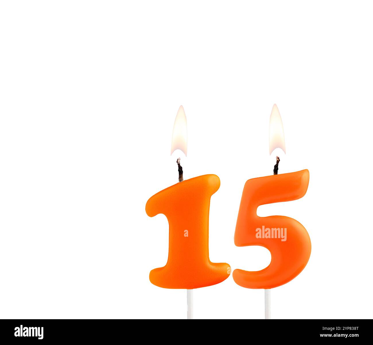 Lit birthday candle - Candle number 15 on white background Stock Photo ...