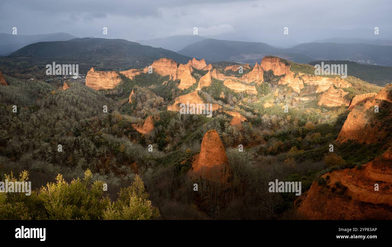 Las médulas, ancient roman gold mines in spain shining during sunrise ...