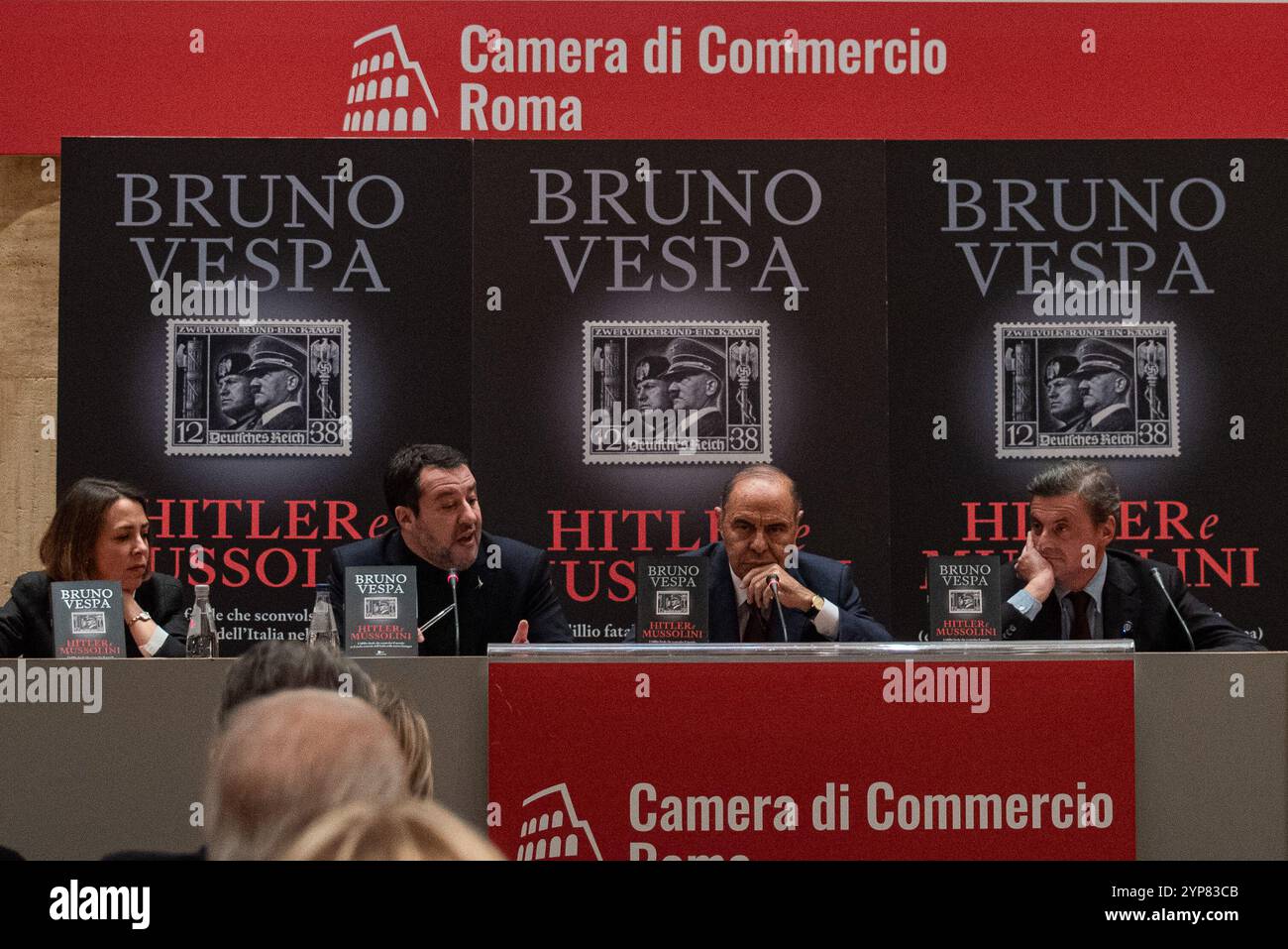 Agnese Pini (L), Matteo Salvini (C), Bruno Vespa (C) and Carlo Calenda ...