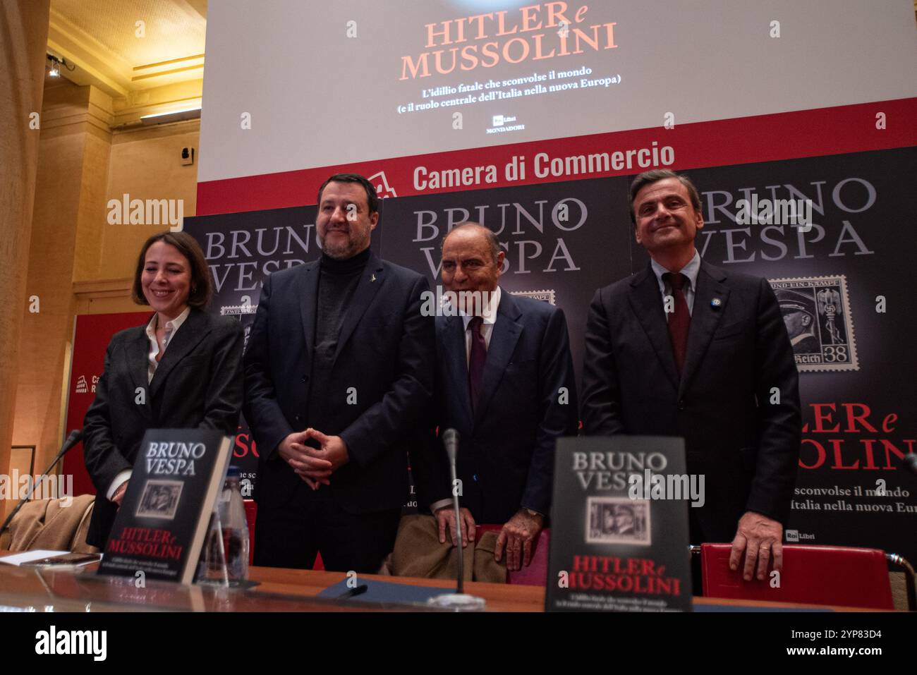 Agnese Pini (L), Matteo Salvini (C), Bruno Vespa (C) and Carlo Calenda ...