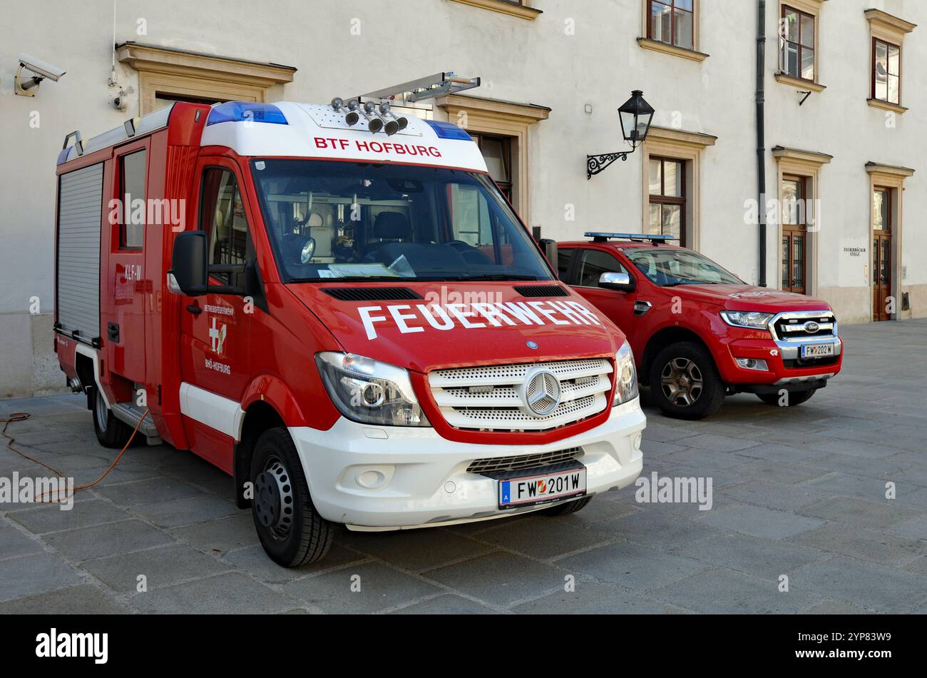 Fire trucks belonging to the palace fire brigade (BTF Hofburg) are ...