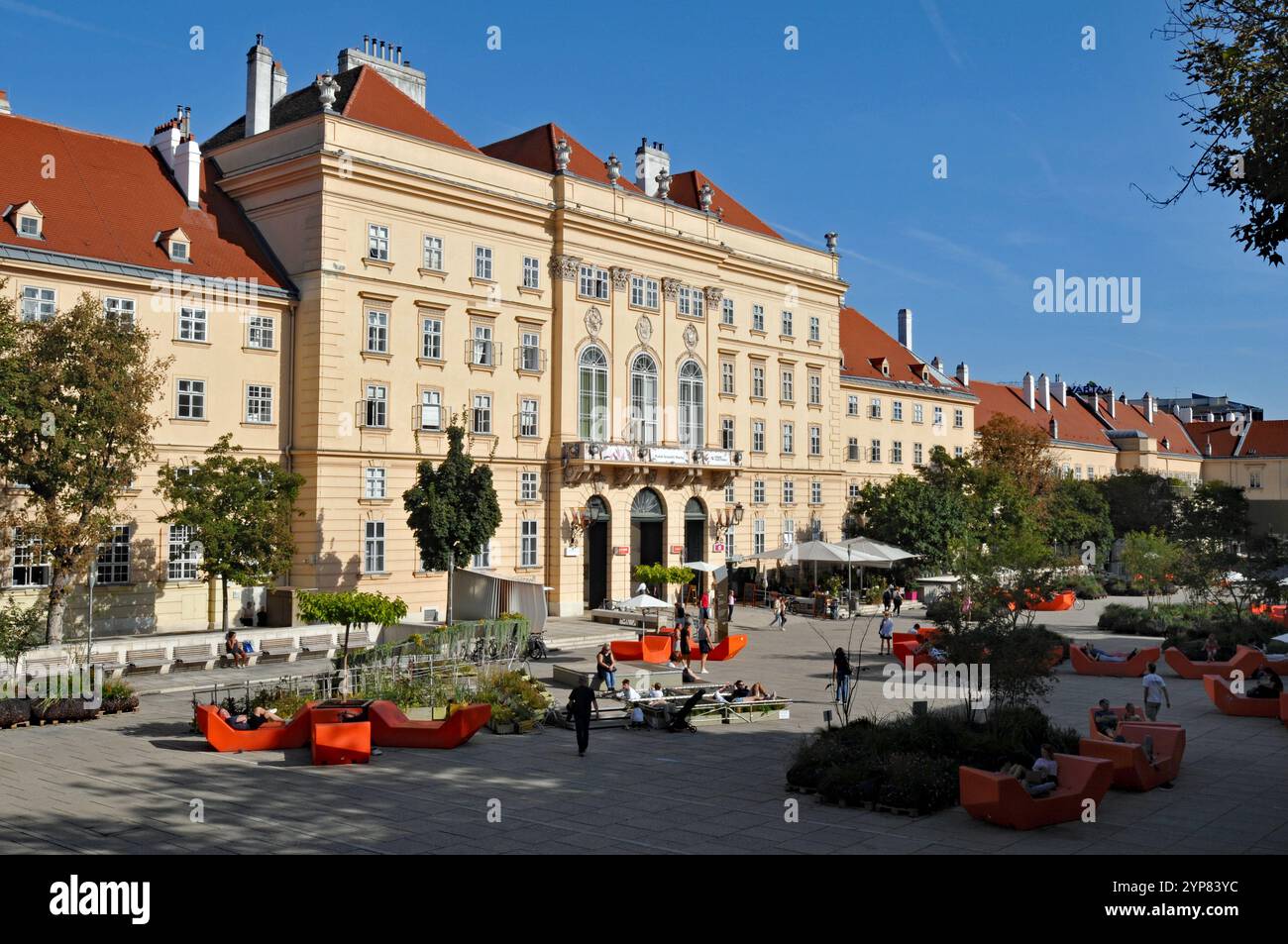 A courtyard at Vienna's MuseumsQuartier, an area of historic and modern ...