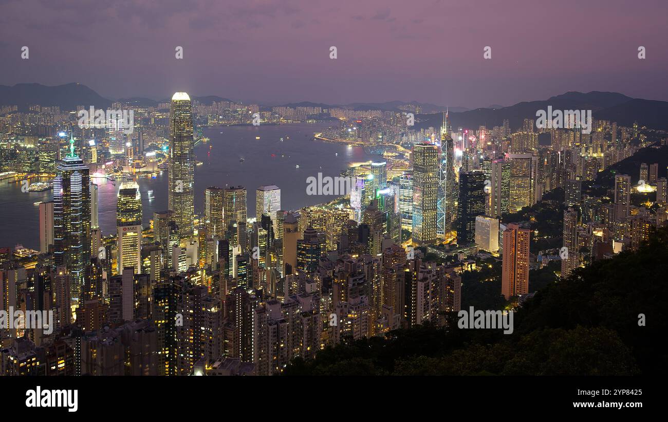 Hong Kong skyline at night, wide angle view of the whole skyline from above. Hong Kong - 22nd ...