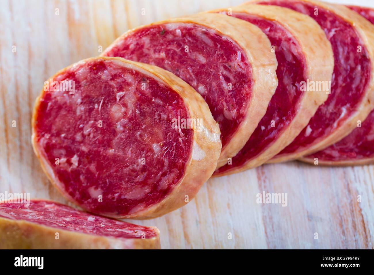 Spanish dried pork sausage Salchichon Stock Photo - Alamy