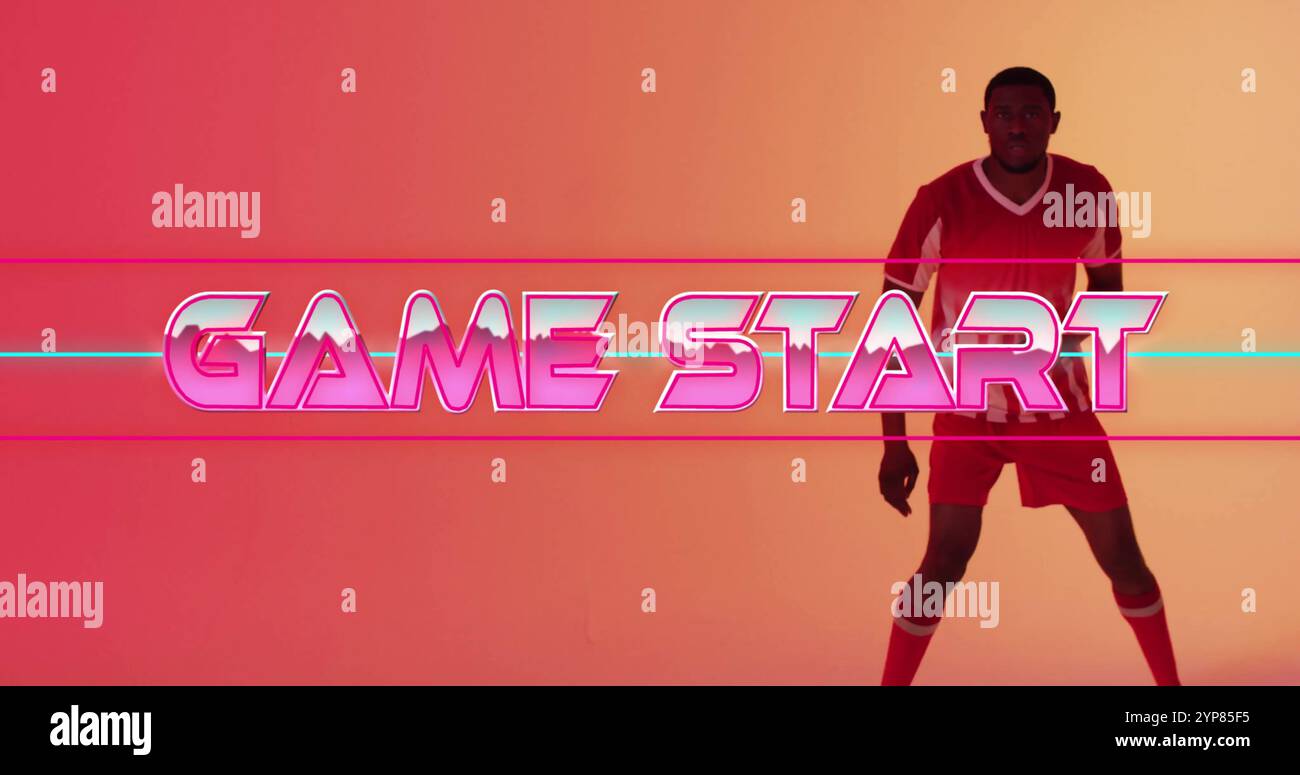 Game start text image over athlete in red and white uniform Stock Photo ...