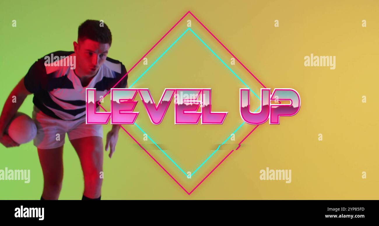 Level up text image over person dancing on colorful background Stock ...