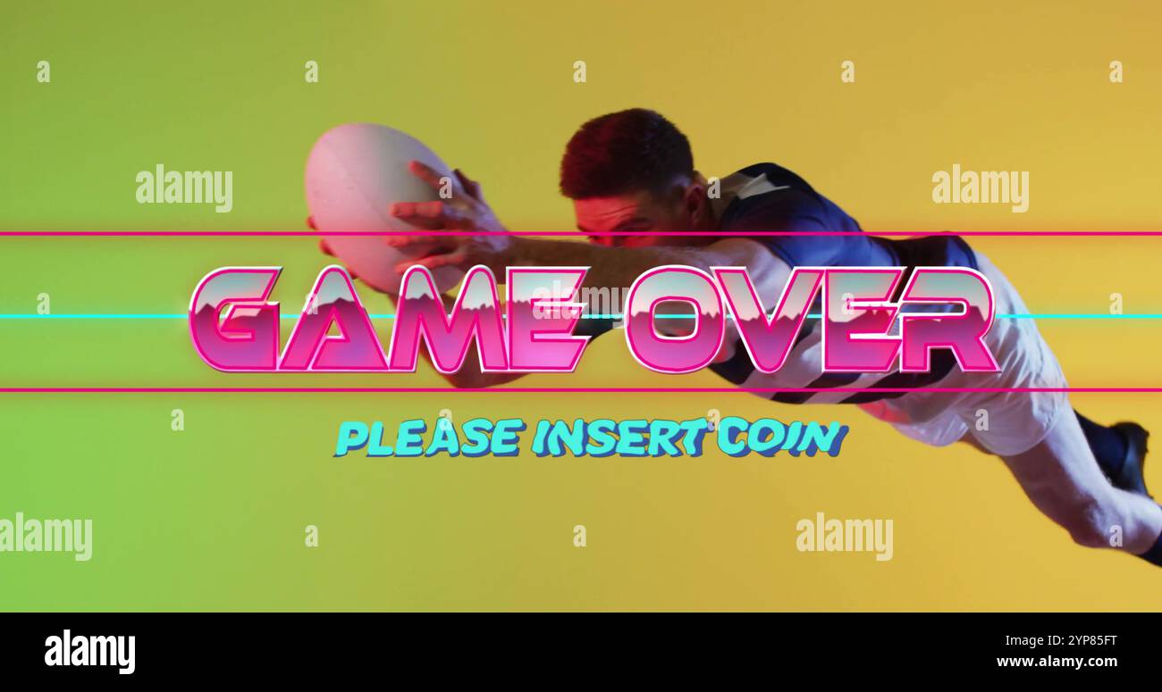 Game over please insert coin image over man in colorful background ...